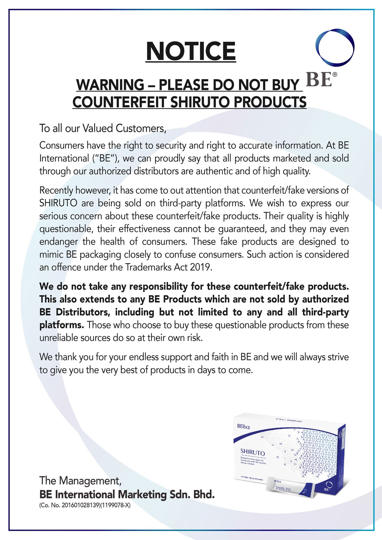 Counterfeit/Imitation Shiruto Awareness - BE International