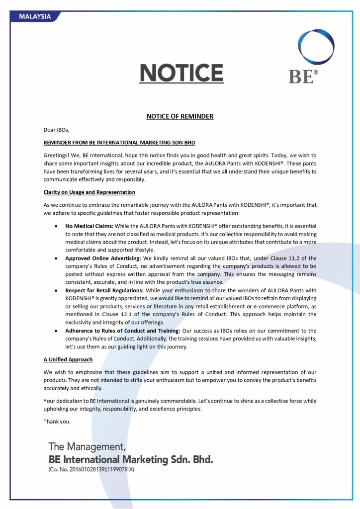 REMINDER FROM BE INTERNATIONAL MARKETING SDN BHD - BE International