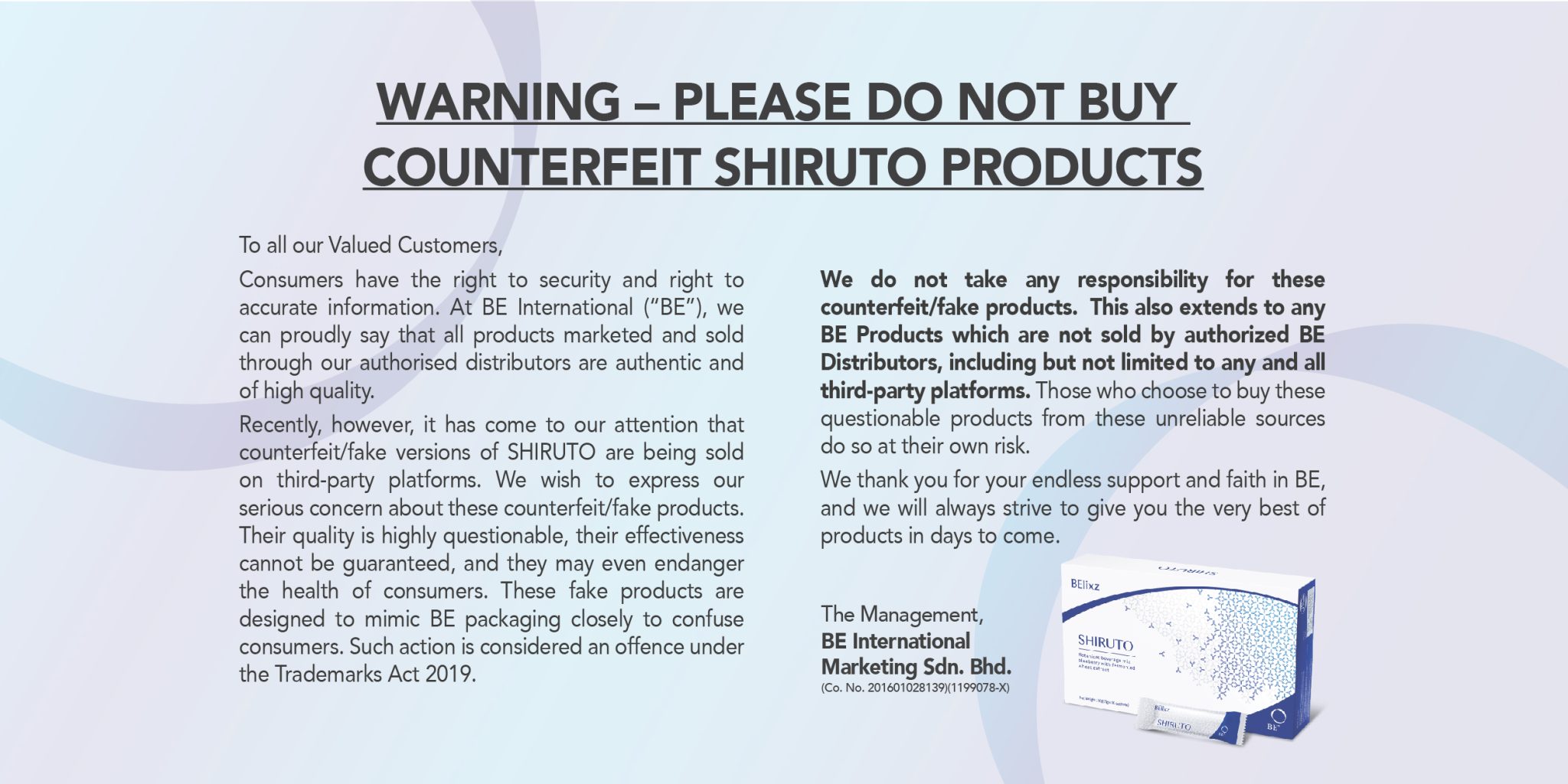 Counterfeit/Imitation Shiruto Awareness - BE International